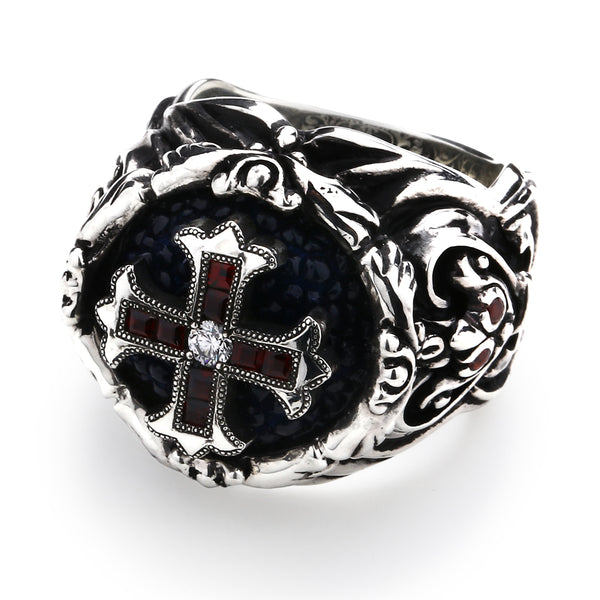 Ring : Baroque Inlay w/Spanish Galleon Cross w/Diamond(Center)&Garnet ...
